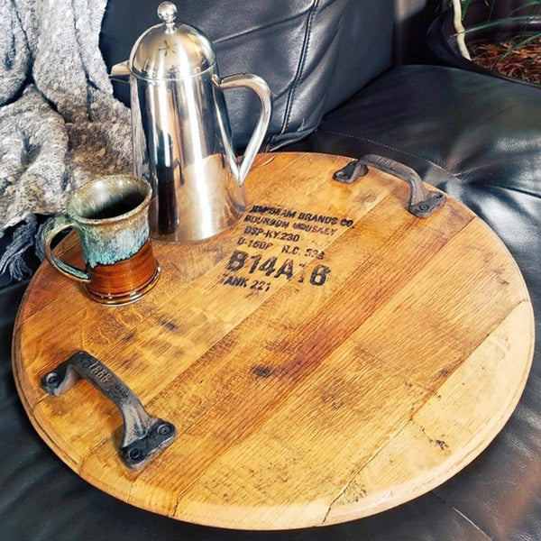 WHISKEY BARREL HEAD TRAY WITH HAND CRAFTED HANDLES - The Barrel Lady